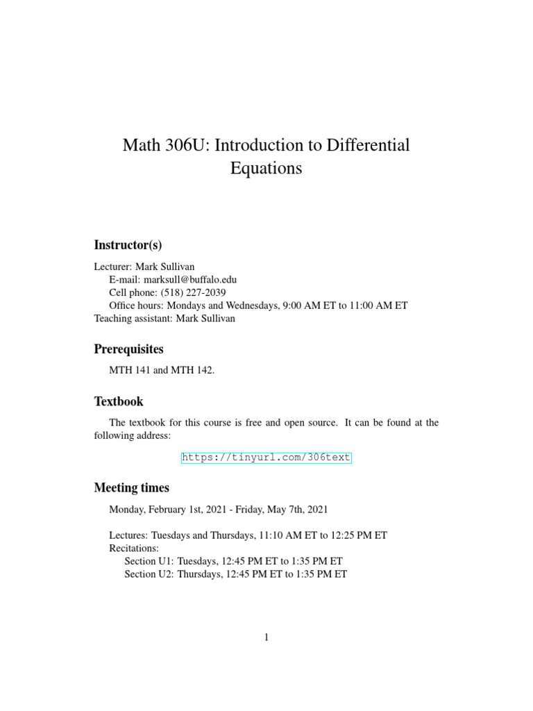 Introduction to Differential Equations: Syllabus for Math 306U | PDF ...