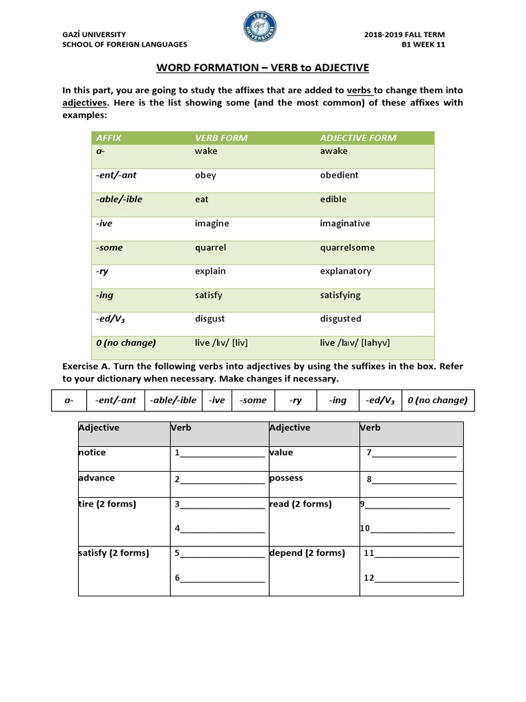 WORD FORMATION-VERB To ADJECTIVE | PDF | Adjective | Verb