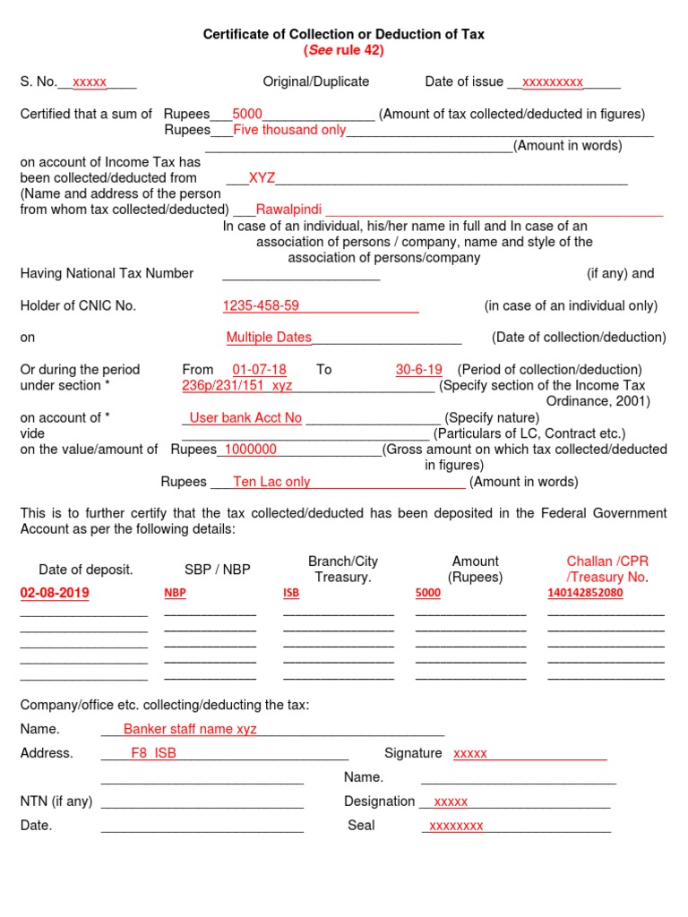 Certificate of Collection or Deduction of Tax: (See Rule 42) | PDF ...