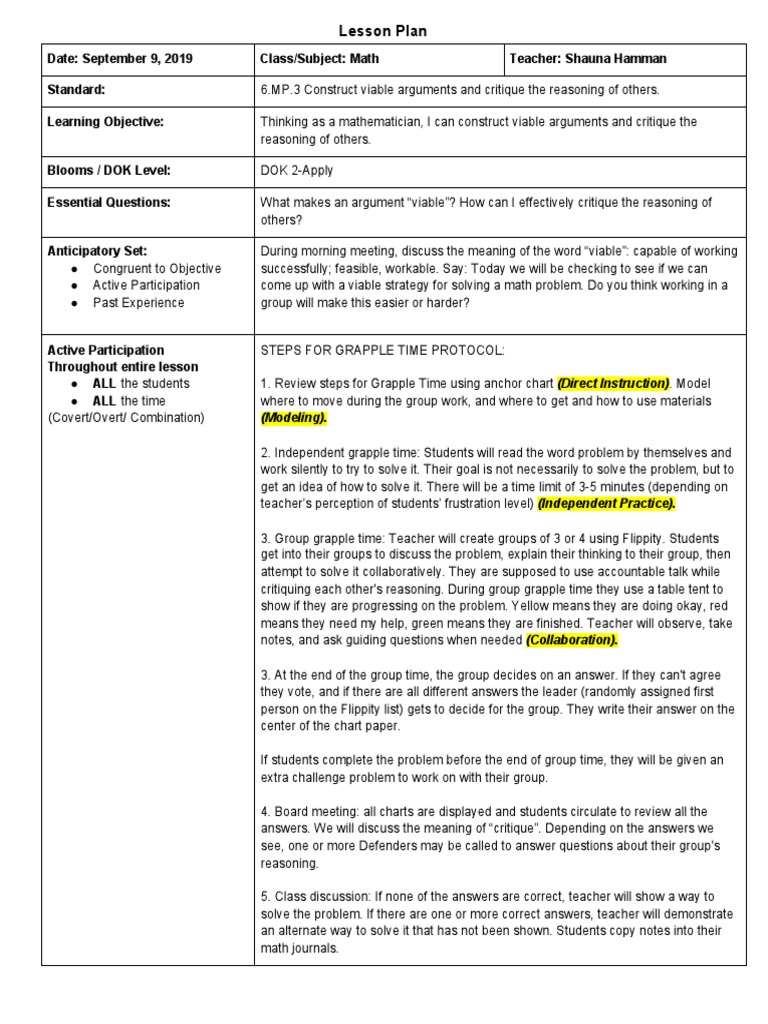 Grapple Time-Math Lesson Plan | Download Free PDF | Reason | Teachers