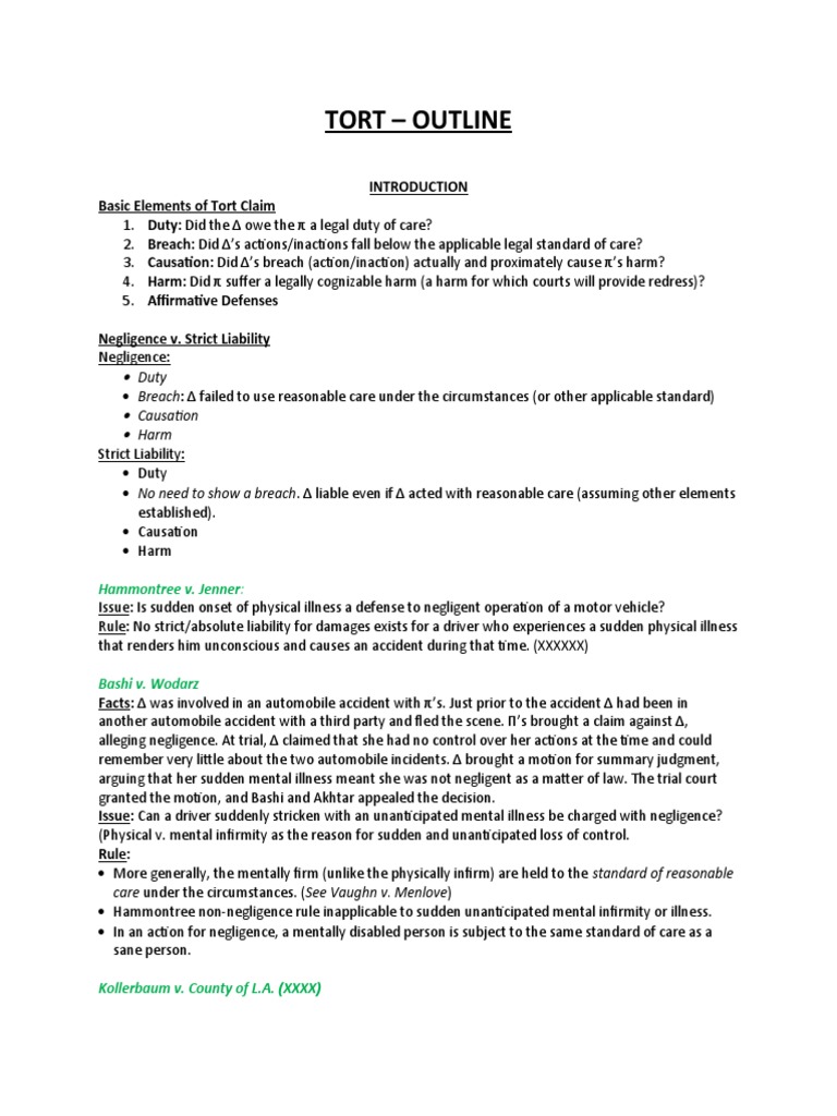Tort - Outline: Duty Causation Harm | PDF | Negligence | Law Of Agency