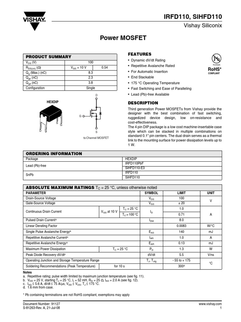 Irfd110, Sihfd110: Vishay Siliconix | PDF | Field Effect Transistor | Diode