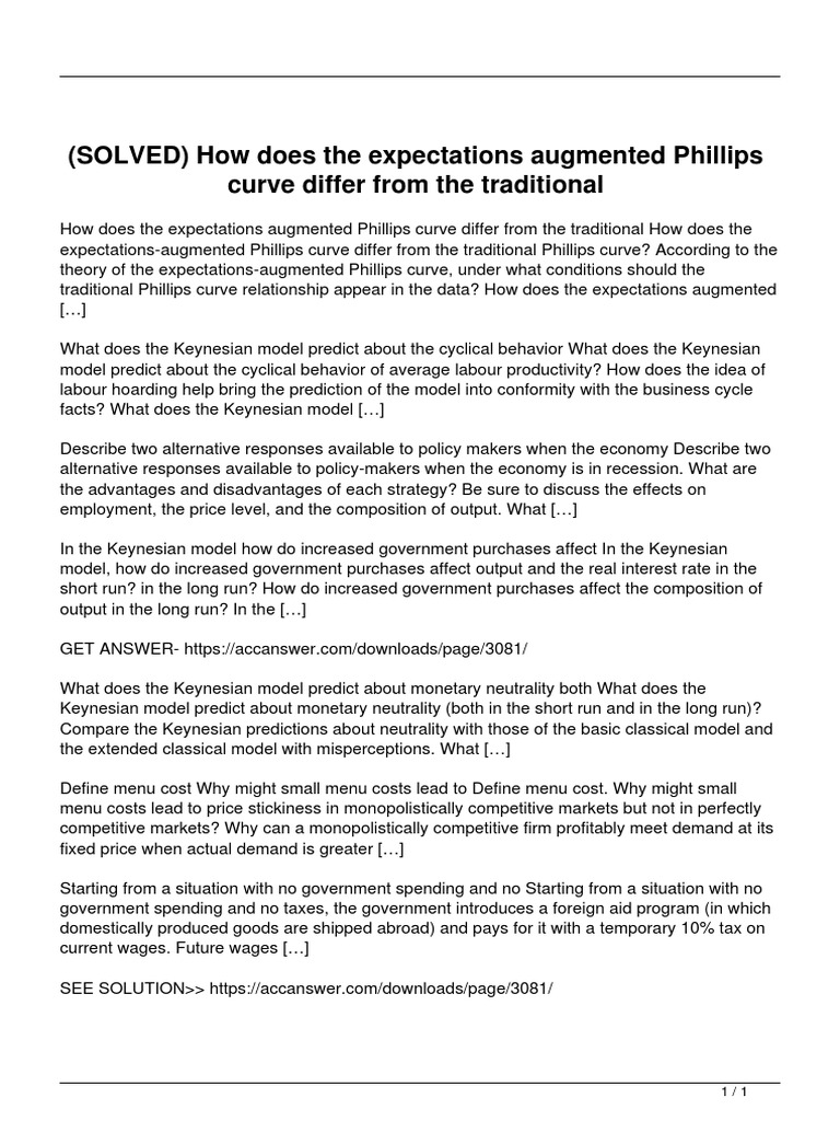 Solved How Does The Expectations Augmented Phillips Curve Differ From ...