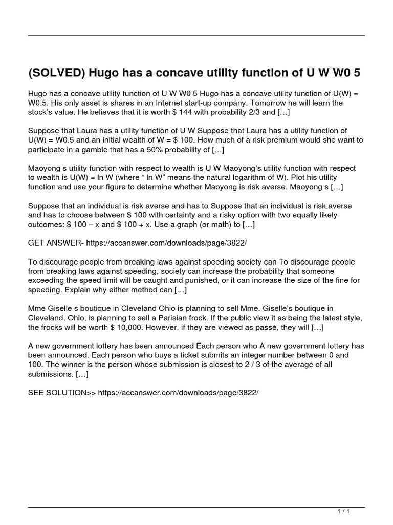 Solved Hugo Has A Concave Utility Function of U W w0 5 | PDF | Utility ...