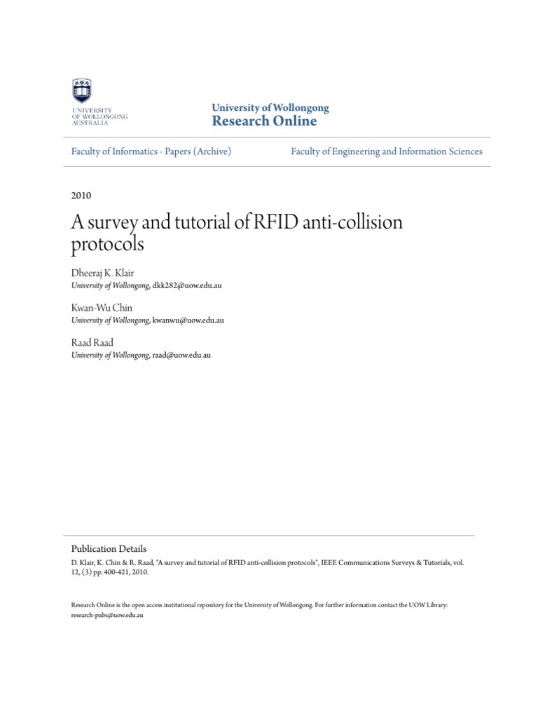 A Survey and Tutorial of RFID Anti-Collision Protocols: Research Online | PDF | Ultra High ...