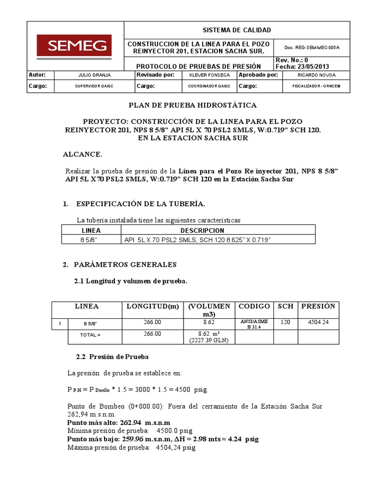 Reg-Sem-Mec-005a, Plan de Prueba - Linea - Pozo 201 - Sacha Sur Rev.1 ...