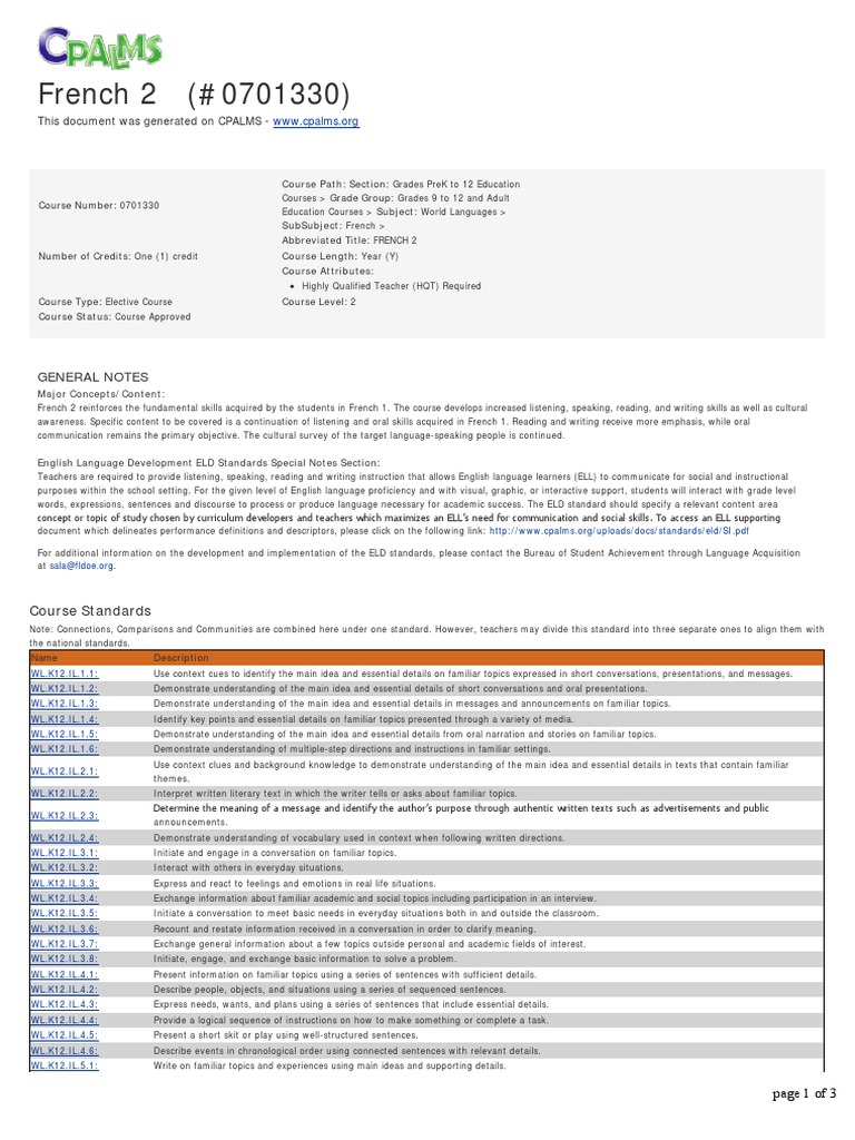 French 2 - 0701330 - CPALMS - Org Standards | PDF | Reason | Translations