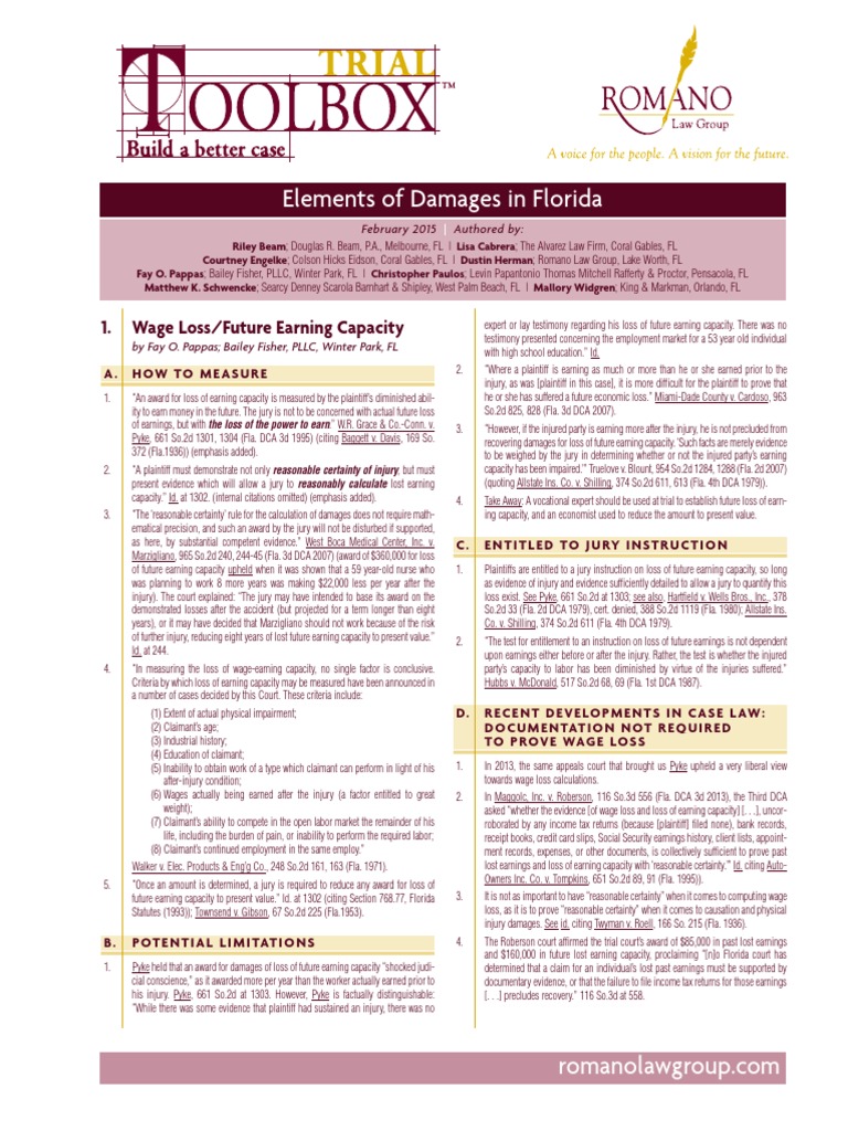 Elements of Damages in Florida: 1. Wage Loss/Future Earning Capacity ...