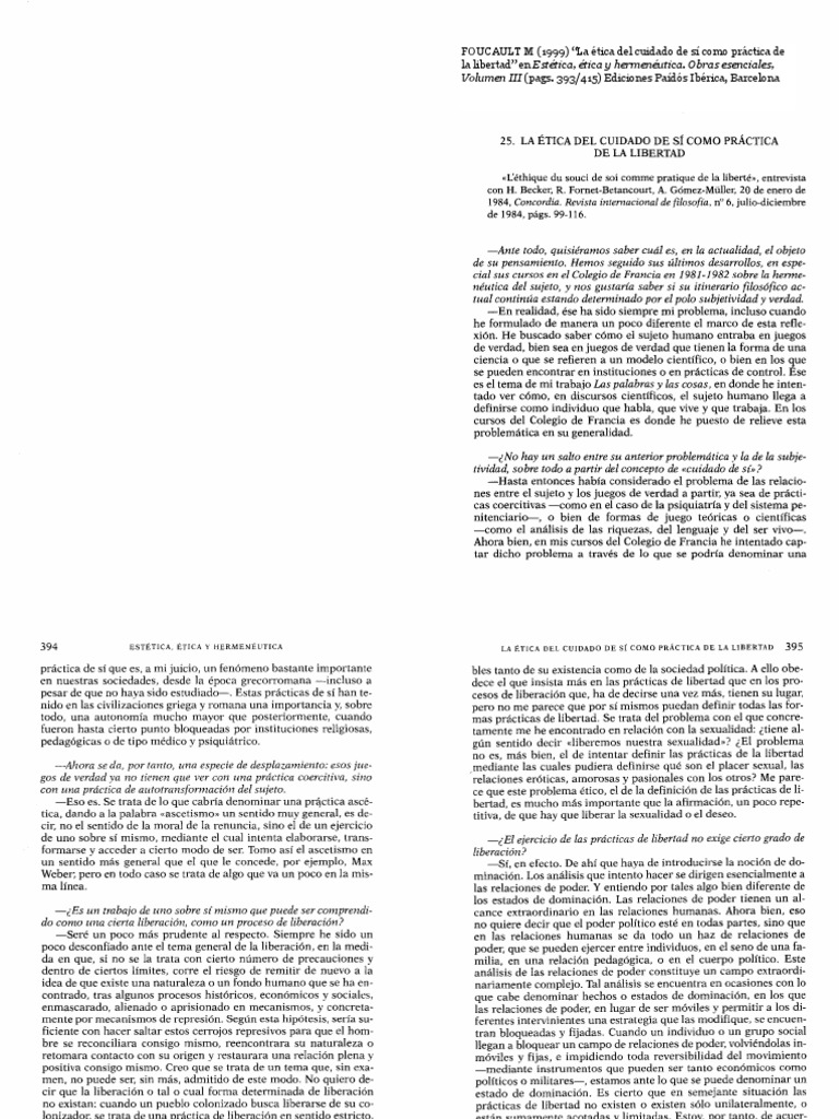 Foucault M La Etica Del Cuidado de Si | PDF | Libertad | Verdad