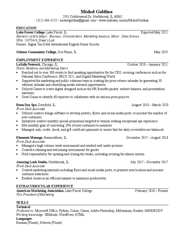 Mishel Goldina Resume | PDF | Marketing | Business