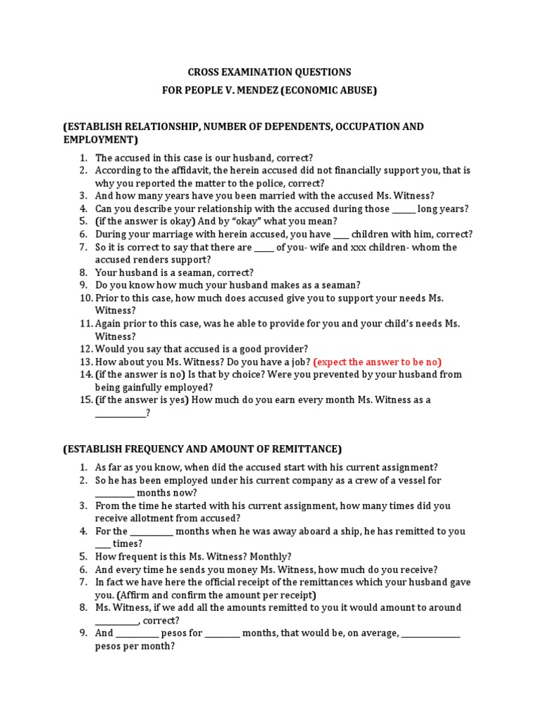 CROSS EXAMINATION QUESTIONS (VAWC Economic Abuse) | PDF | Remittance ...