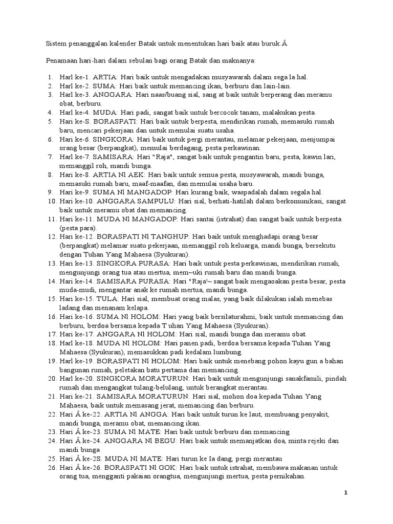 Kalender Batak Toba dan Hari Baiknya | PDF