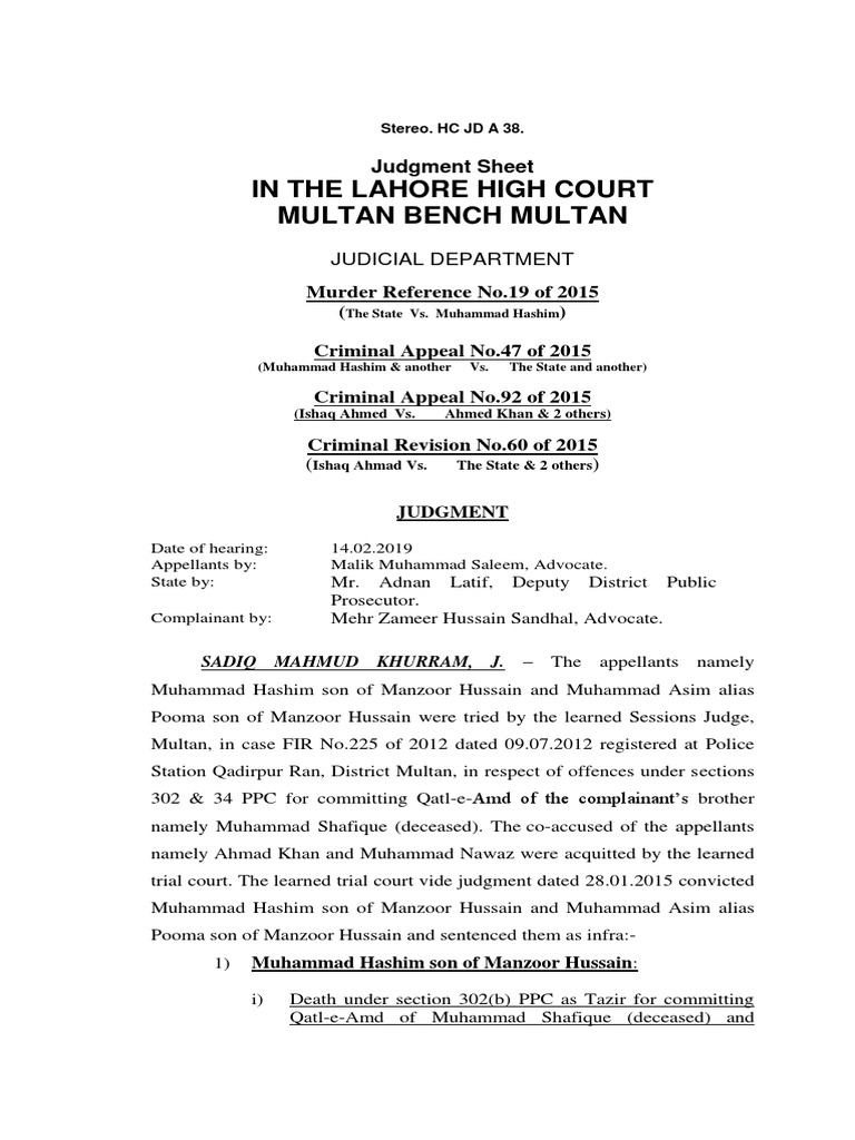 In The Lahore High Court Multan Bench Multan: Judgment Sheet | Download ...