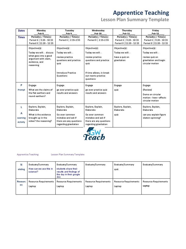At-Lesson-Plan-Summary-Template Week 2 | PDF | Lesson Plan