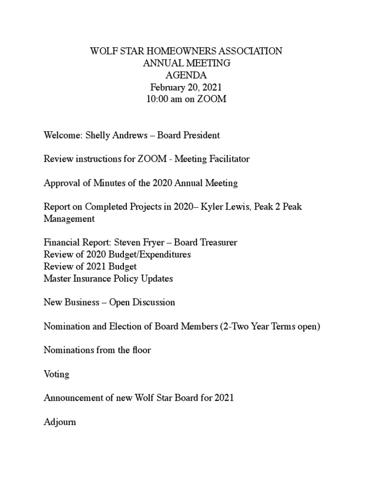 Hoa Annual Meeting Agenda 2021 | PDF