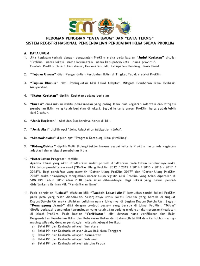 Pedoman Pengisian Data Umum & Data Teknis Skema ProKlim Di SRN PPI | PDF