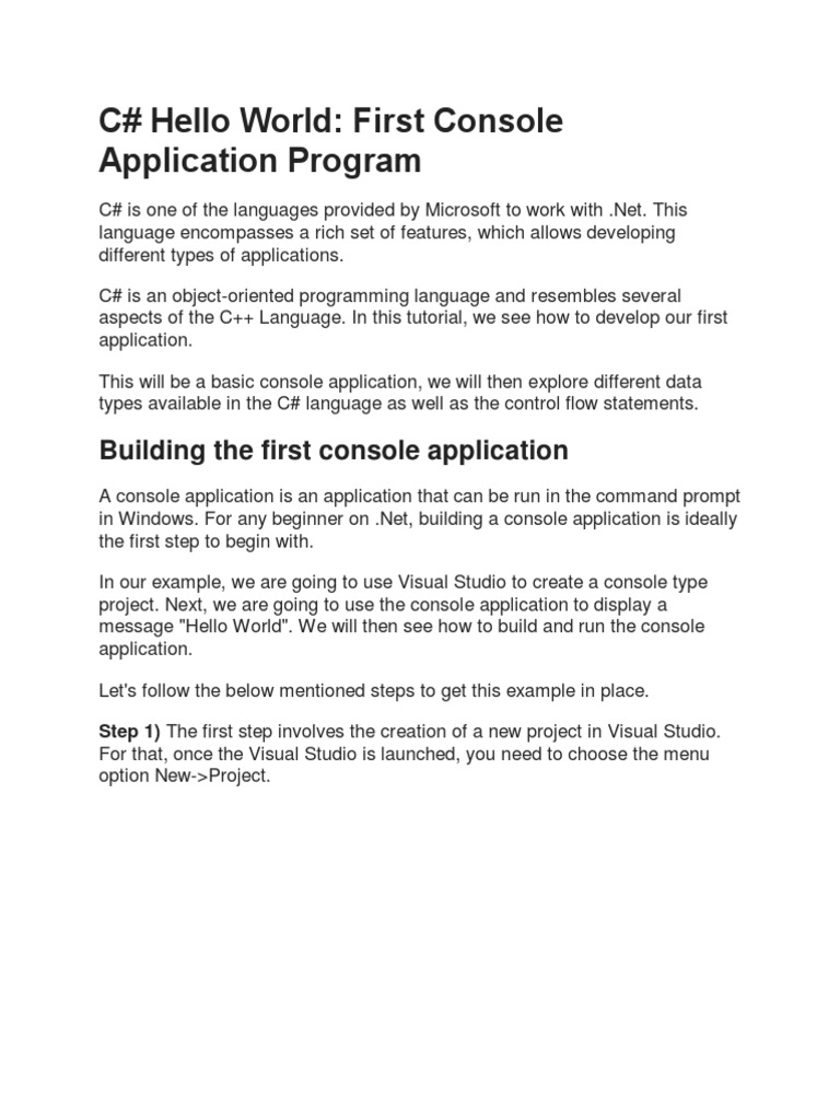 C Hello World First Console Application Program Pdf Command Line Interface C Sharp