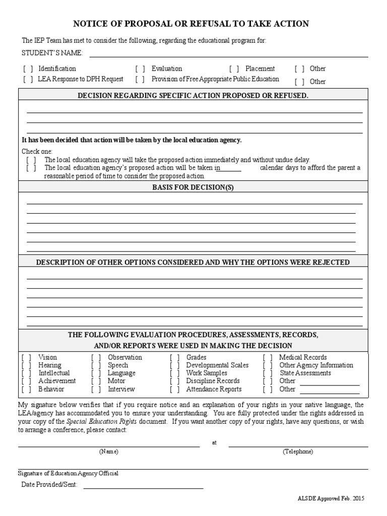 Notice of Proposal or Refusal To Take Action AL IEP | PDF | Human ...