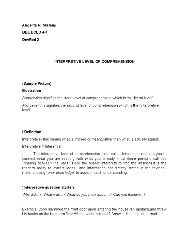 Interpretive Level of Comprehension | PDF | Inference | Reading ...