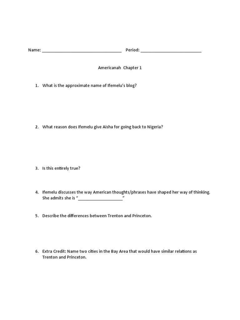 Americanah Chapter 1 Study Guide | PDF