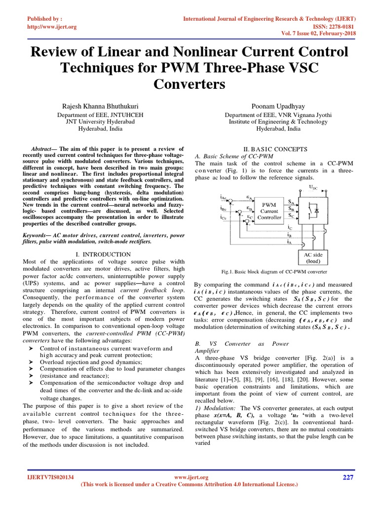 Review Of Linear And Nonlinear Current Control Techniques For Pwm Three Phase Vsc Converters