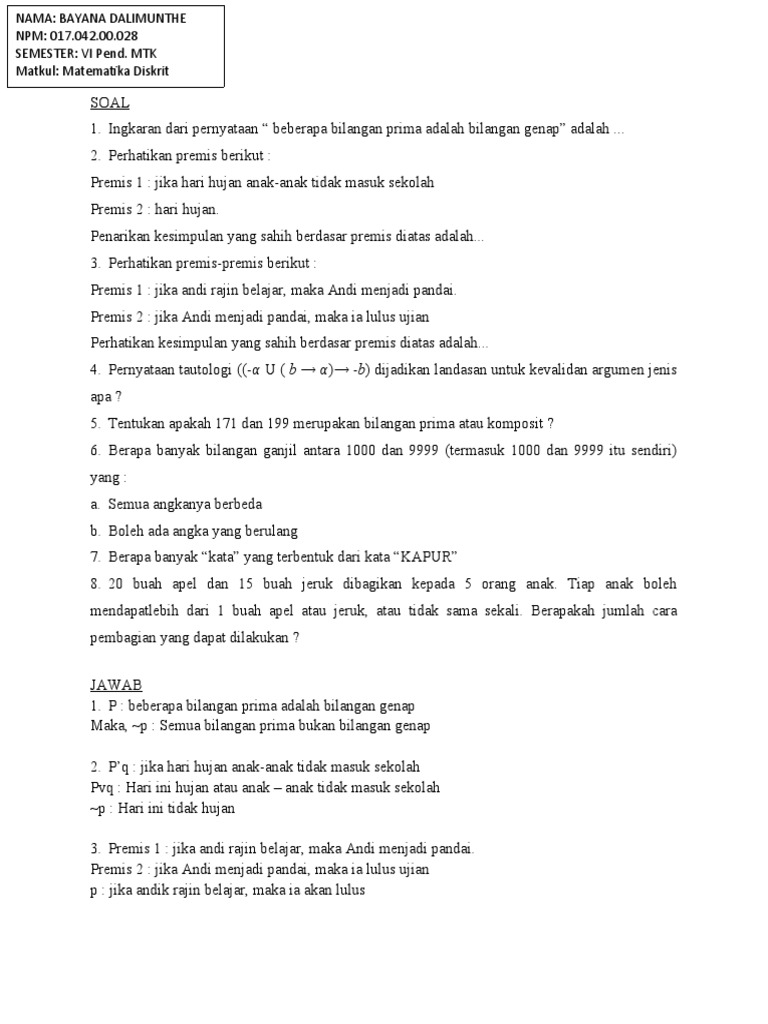 KUIS MATEMATIKA DISKRIT Bayana | PDF