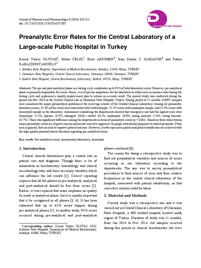 Preanalytic Error Rates For The Central Laboratory of A Large-Scale ...