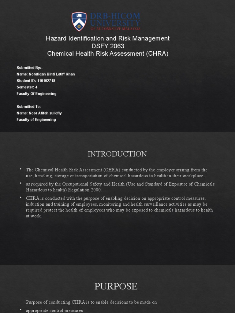 Hazard Identification and Risk Management DSFY 2063 Chemical Health ...