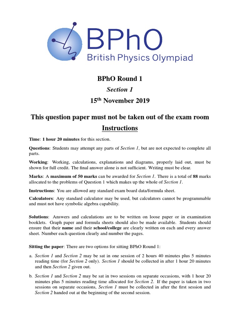 BPhO Round 1 Exam Paper 2019 | PDF | Density | Mass