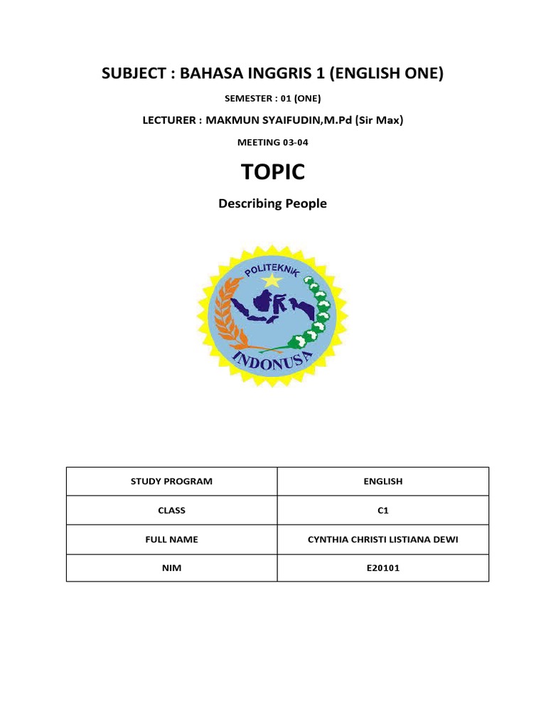E20101 - CYNTHIA CHRISTI LISTIANA DEWI - Describing People | PDF ...