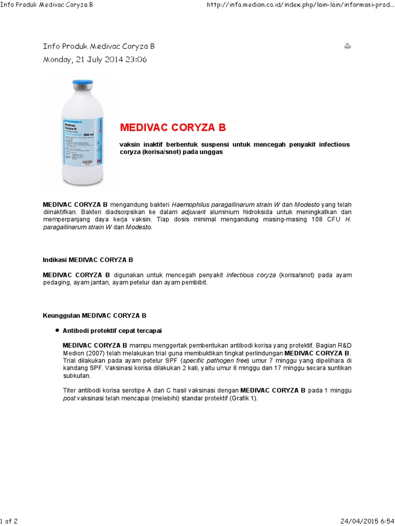 Vaksin Medivac Coryza B untuk Unggas | PDF | Sains & Matematika