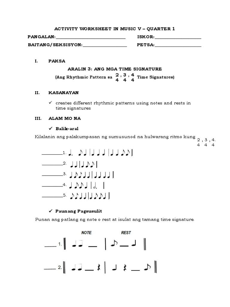 Activity Worksheet in Music V Melc 4 | PDF
