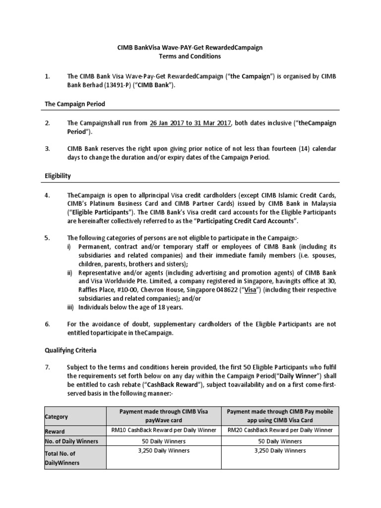 T&C CIMB-VISA - Wave Pay Get Rewarded Campaign | PDF | Payments ...