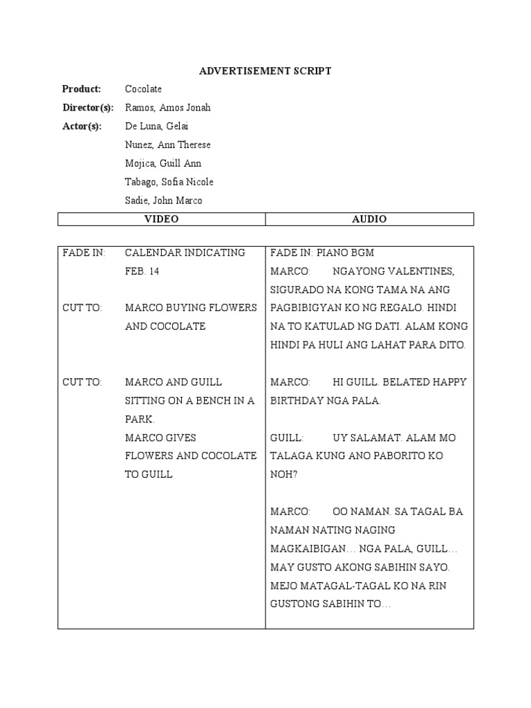 Advertisement Script Product: Director(s) : Ramos, Amos Jonah Actor(s ...