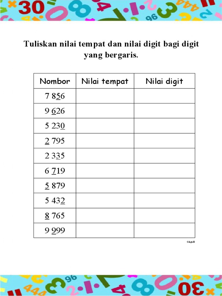 Worksheet Nilai Tempat Nilai Digit Pdf 
