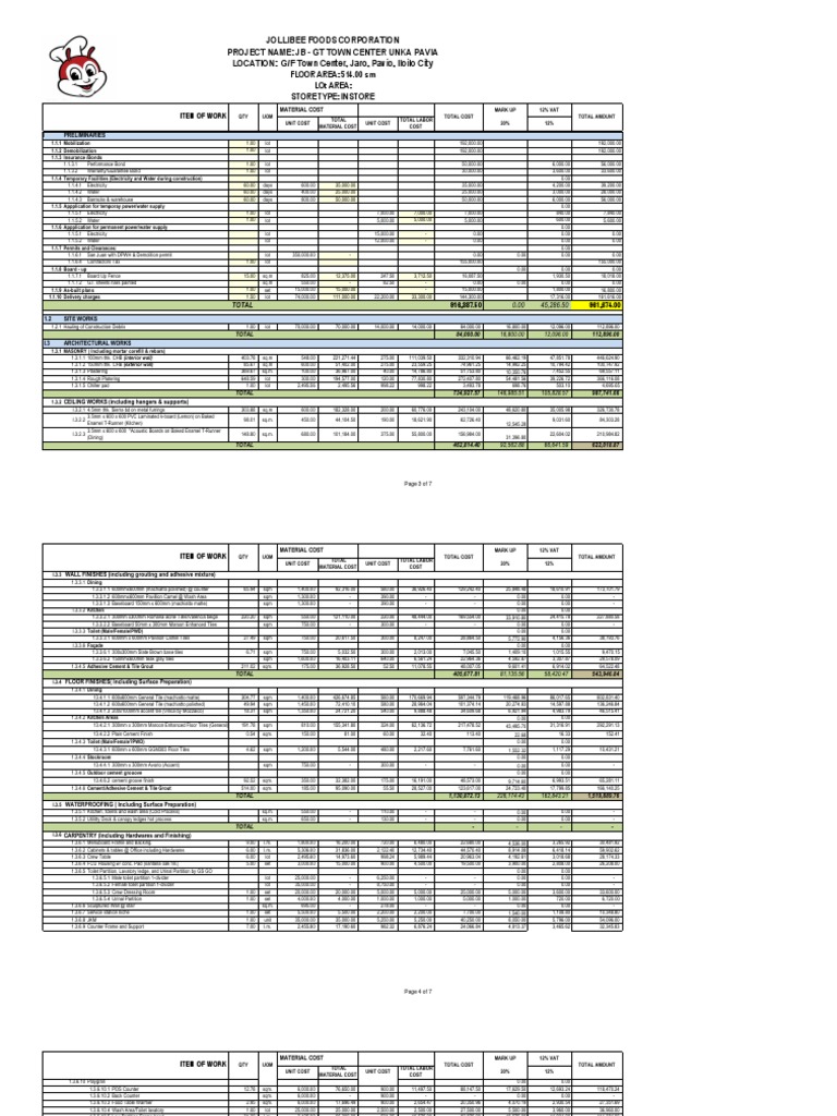 JB GT Mall Town Center Cost Breakdown - Civil | PDF | Tile | Structural ...