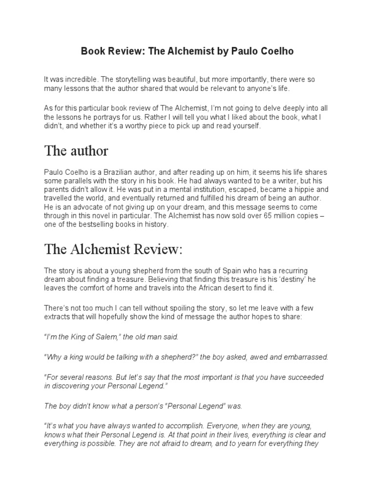 The Author: Book Review: The Alchemist by Paulo Coelho | PDF