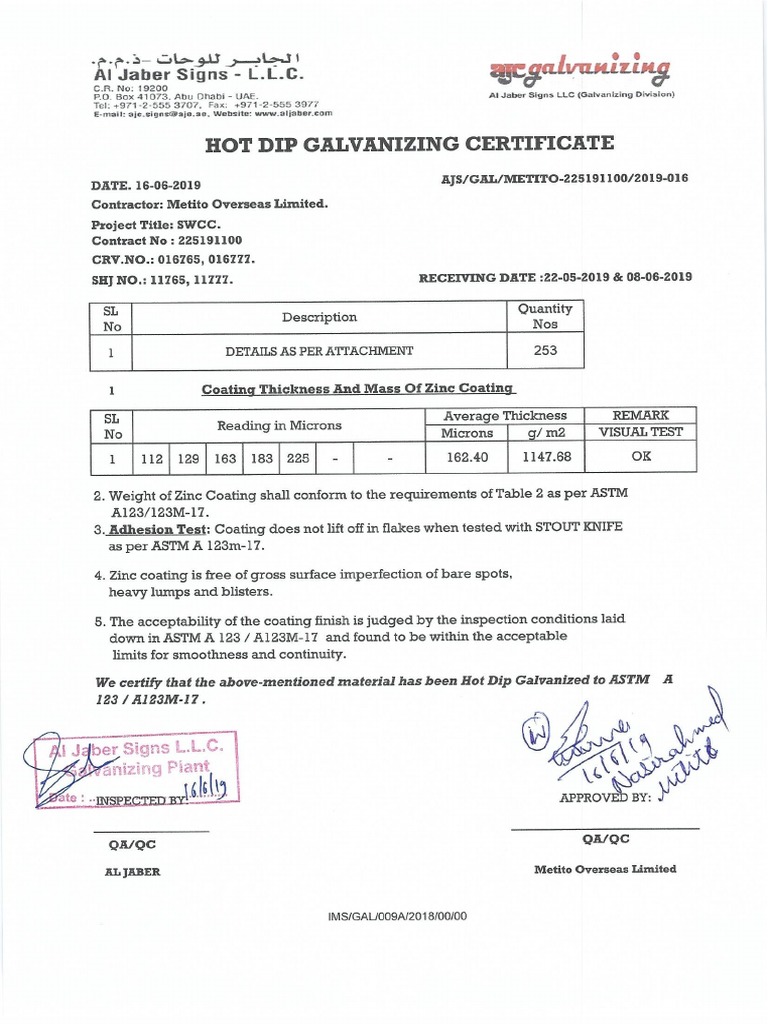 Galvanizing Certificate. | PDF