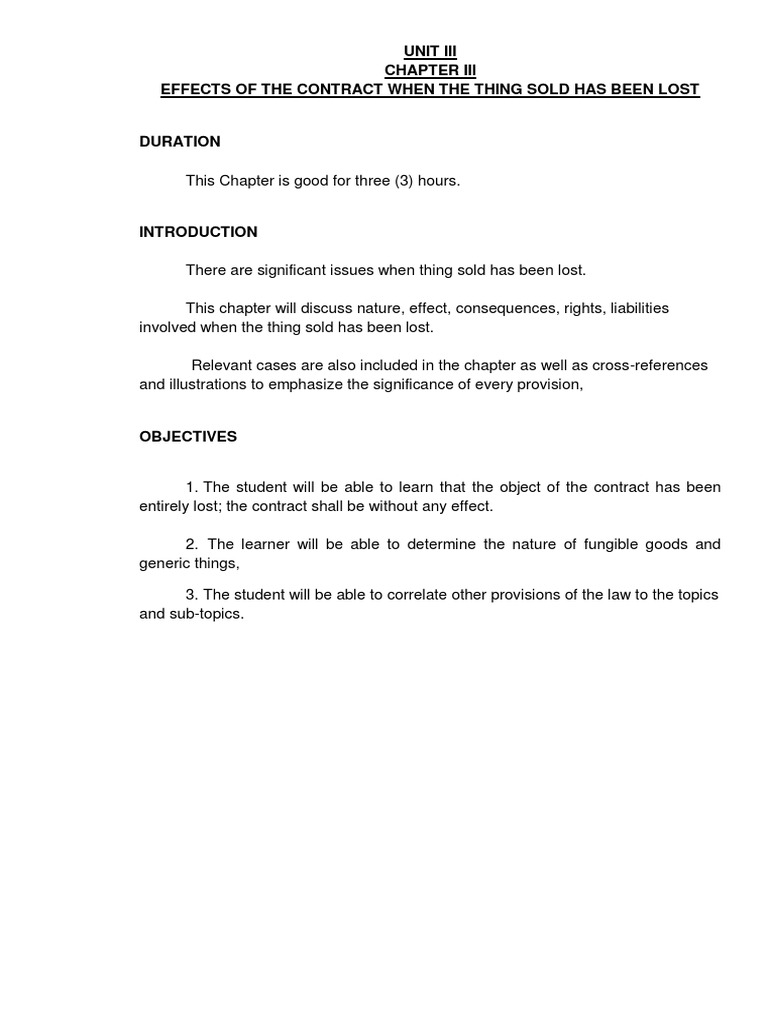 Unit Iii Effects of The Contract When The Thing Sold Has Been Lost ...