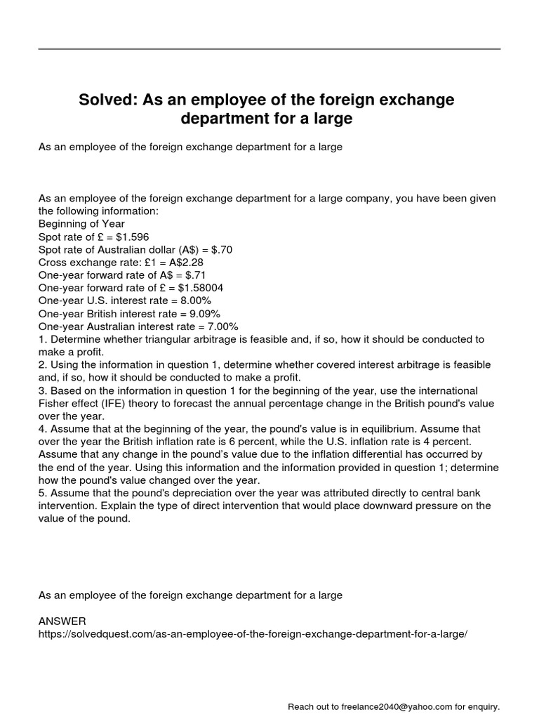 As An Employee of The Foreign Exchange Department For A Large | PDF ...