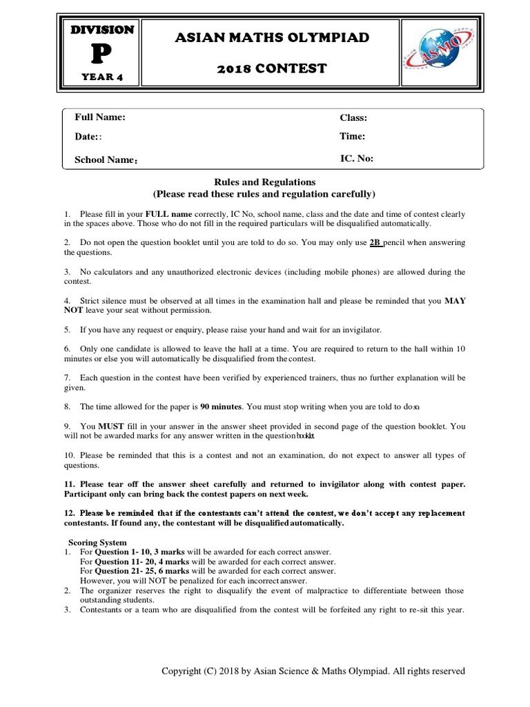 Asian Maths Olympiad 2018 CONTEST: Division | PDF | Teaching Mathematics