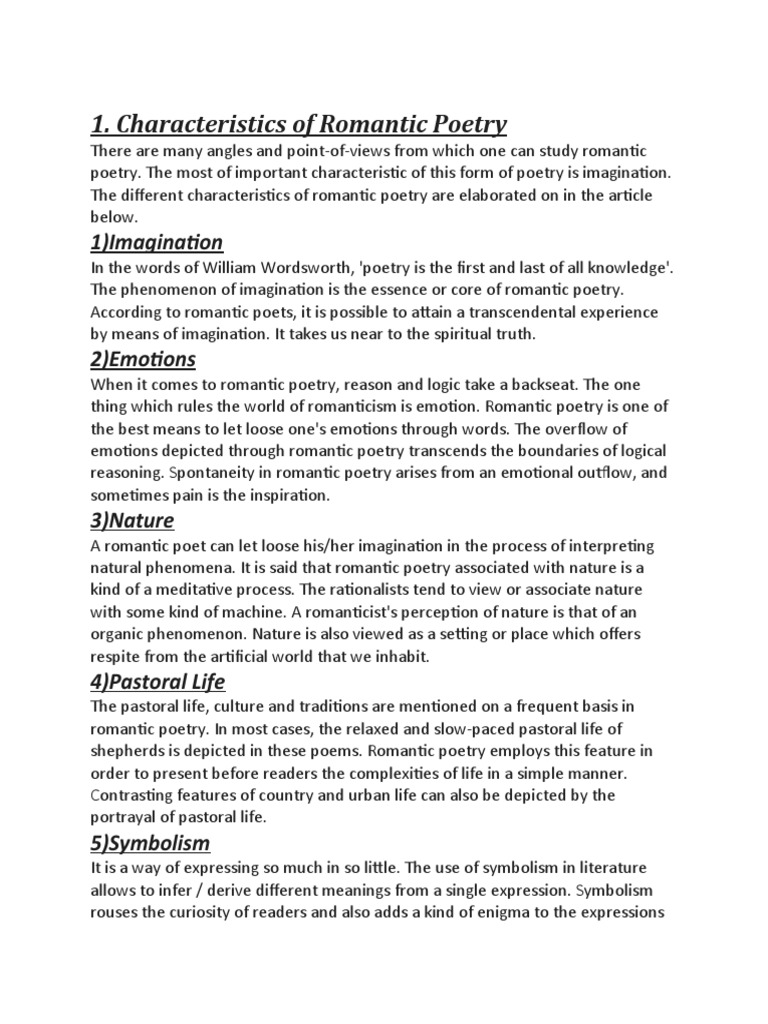 Characteristics of Romantic Poetry: 1) Imagination | PDF | Romanticism ...