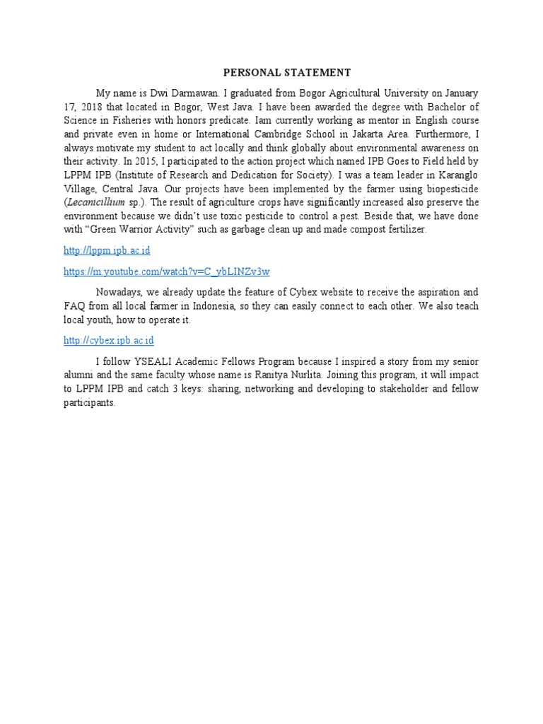 YSEALI Fellowship Personal Statement | PDF | Wellness