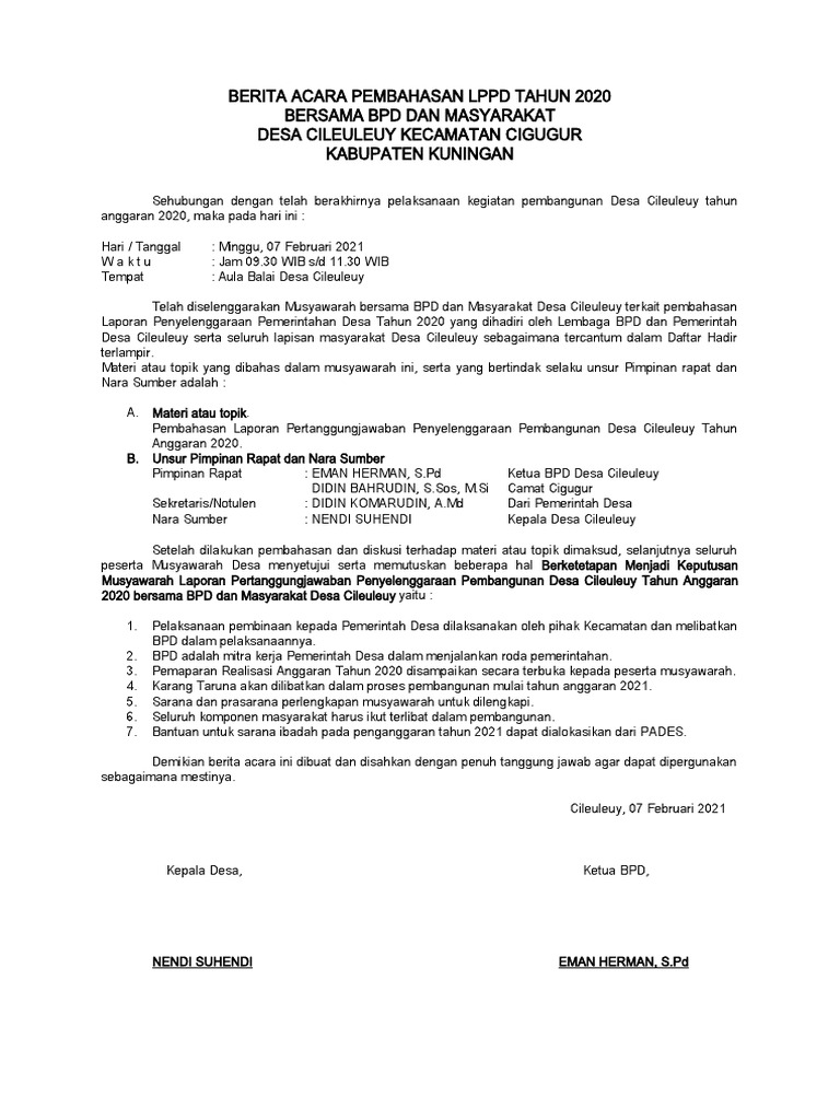 Berita Acara Pembahasan LPPD 2020 | PDF | Karier & Perkembangan | Seni