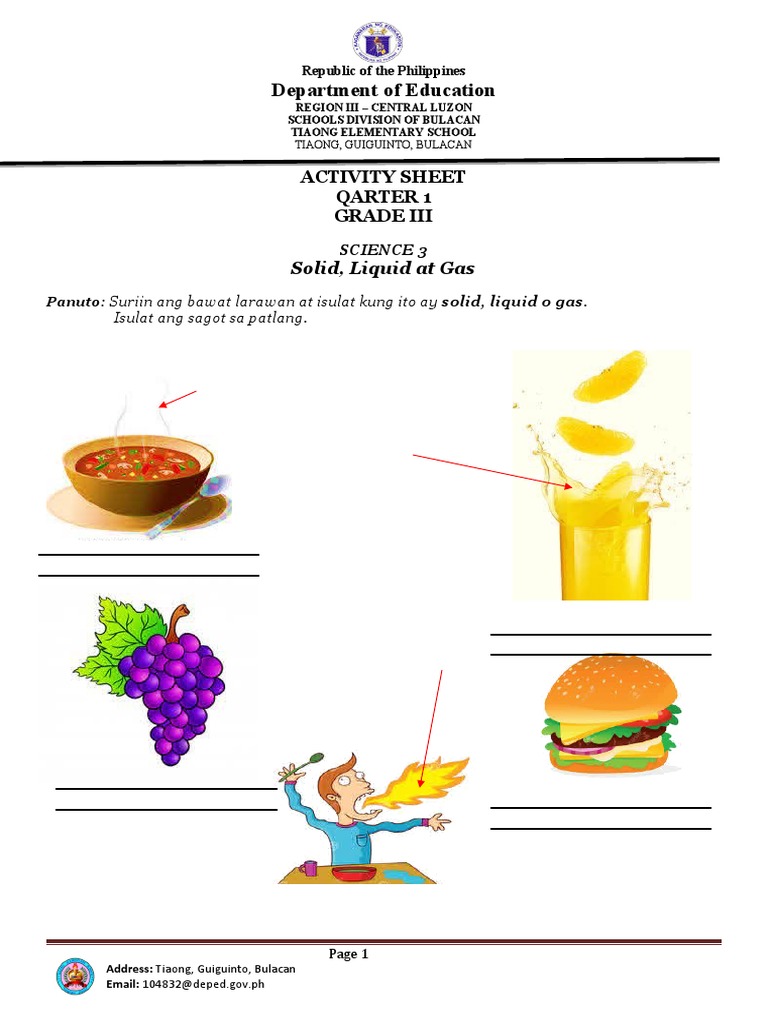 Solid, Liquid, Gas Activity Sheet | PDF | Continuum Mechanics ...