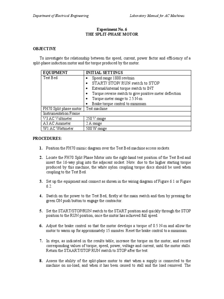 Split-Phase Motor Experiment Guide | PDF | Electric Motor | Physical ...