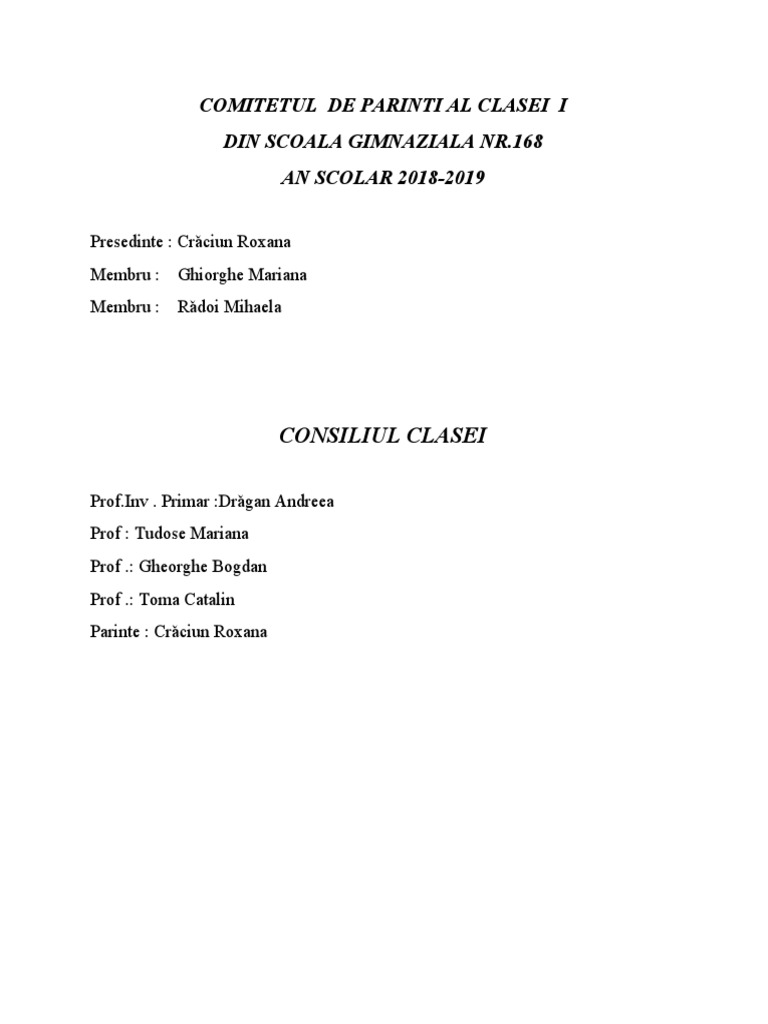 Comitetul de Parinti Al Clasei I | PDF