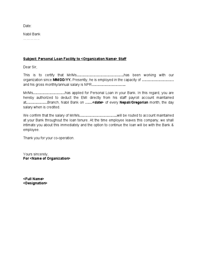 Letter Format From Employer (Organization) For Personal Loan | PDF