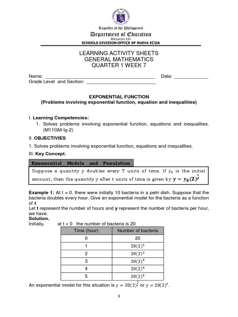 GenMath LAS q1 w7 Problems Involving Exponential Function Equations and Inequalities v1 | PDF ...
