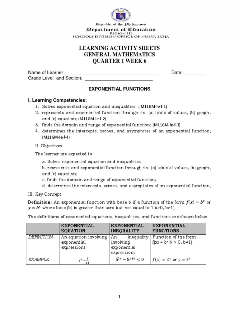 GenMath LAS q1 w6 Exponential-Function v1 | PDF | Exponential Function ...